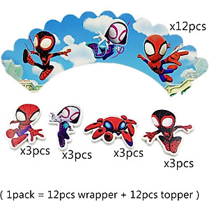 12 Pcs Spider and His Friends Cupcake Decorations, Double Sided Toppers and Wrappers, Superhero Decorations, Boys and Girls Birthday Party Supplies