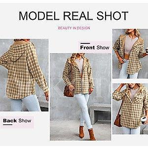 Dokotoo Shacket Jacket Women Fashion Plaid Oversized Hooded Long Sleeve Flannel Shirts Button Down Sherpa Coats Pocketed Casual Winter Fall 2024 Thick Fleece Lined Oversized Outerwear Khaki S