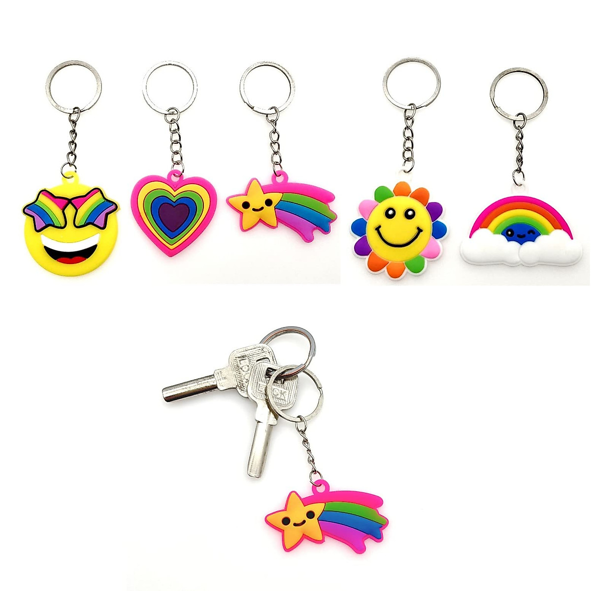 JZK 30 Pcs Rainbow keyrings set for kids, rubber smile face keychains for children birthday party favours, kids party bag fillers thankyou gift