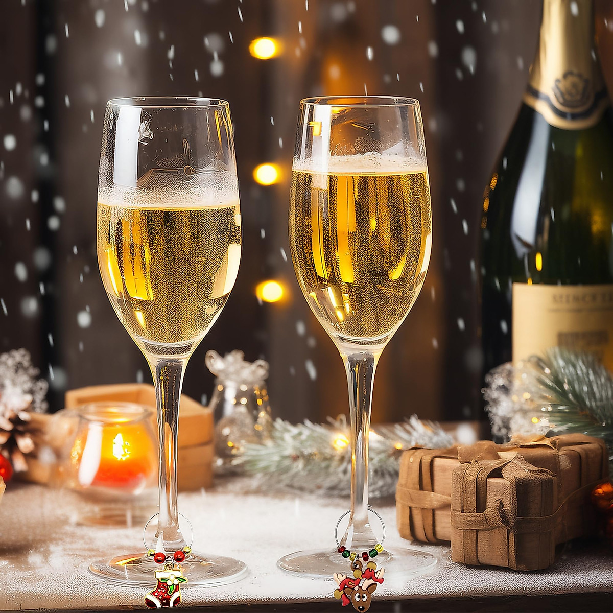 FunIdea 12 Piece Holiday Themed Christmas Wine Glass Charms, Wine Tasting Party Decoration Supplies Gift Box Set (Golden)