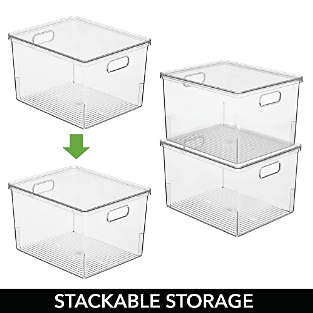 mDesign Large Plastic Stackable Kitchen Cabinet Storage Bin Box, Handles and Lid - Fridge, Cabinet, Counter Organizer for Snacks, Food, Drinks, or Supplies, Ligne Collection, 8 Pack, Clear