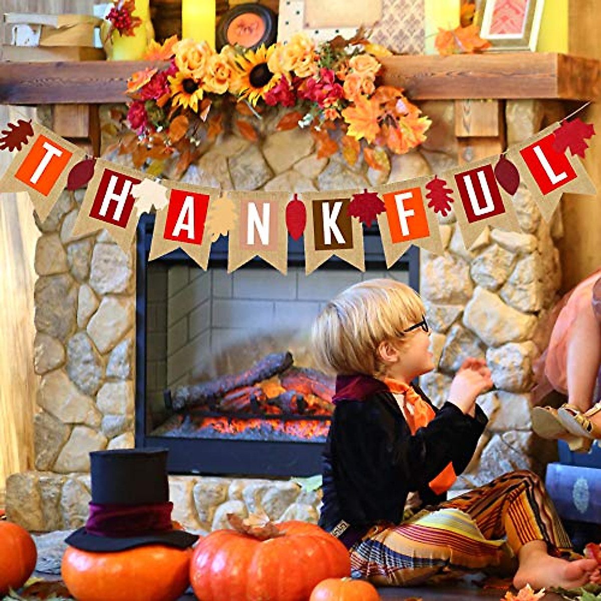 Adurself Thankful Burlap Banner Fall Autumn Maple Leaves Rustic Burlap Harvest Banner Mantel Fireplace Wall Hanging for Home Office School Party Decor Thanksgiving Decoration