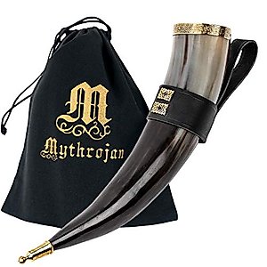 Mythrojan THE WEALTHY MERCHANT - Viking Drinking Horn with Black Leather holder Authentic Medieval Inspired Viking Wine/Mead Mug – Polished Finish