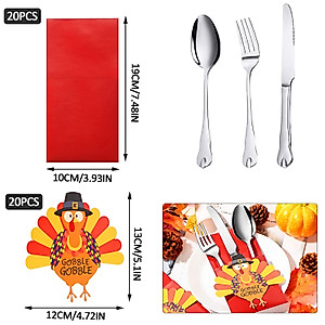 20 Pieces Thanksgiving Cutlery Holders Gobble Silverware Paper Pocket Pouch Turkey Tableware for Thanksgiving Party Craft Dinner Table Decorations Gift Boutique