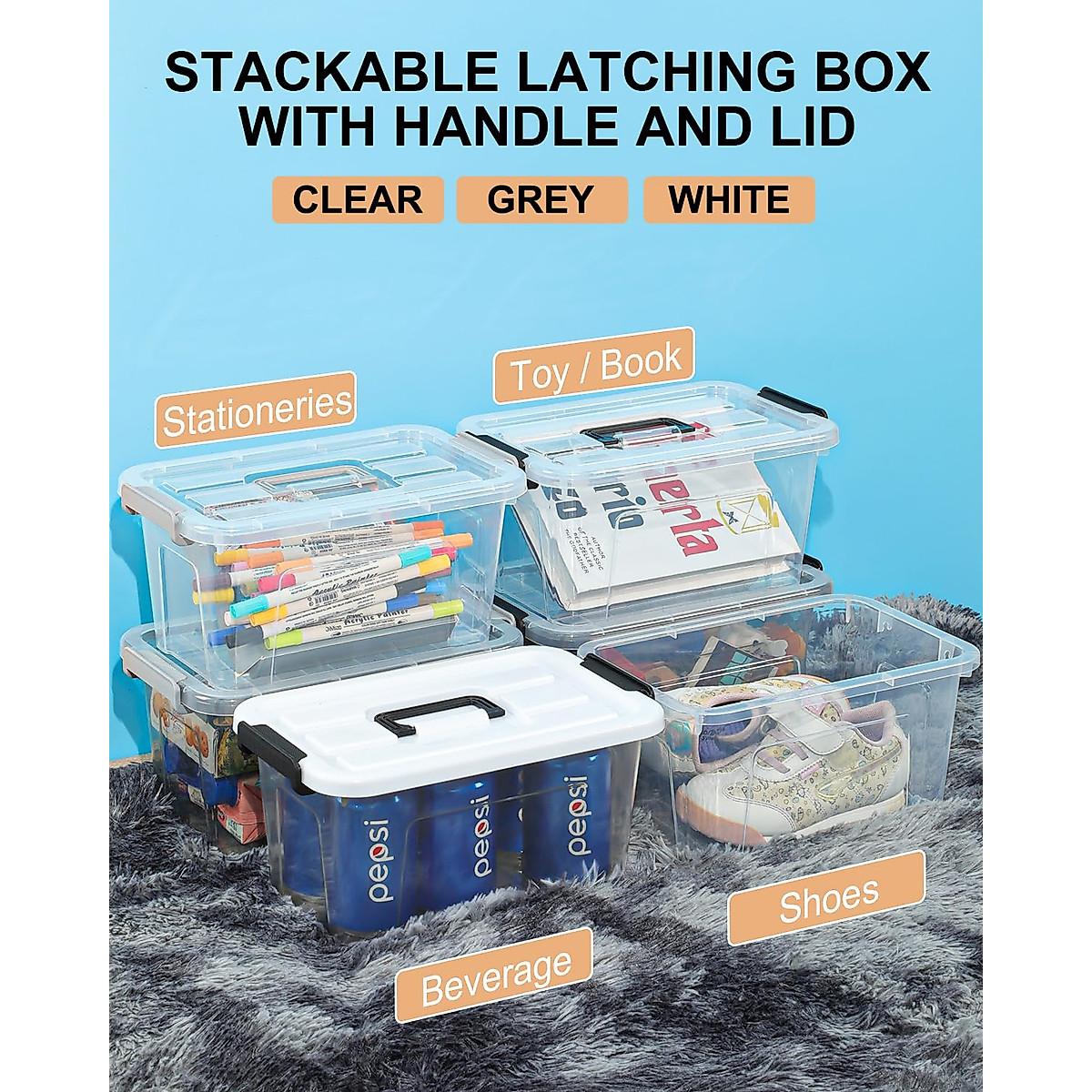 Plastic Storage Bins with Lids 7 Quart ,Storage Containers 6 Pack-BPA-Free,Stackable Latching Box with Black Handle for Home Office Kids Room Closet School Art Supplies Organization and Storage