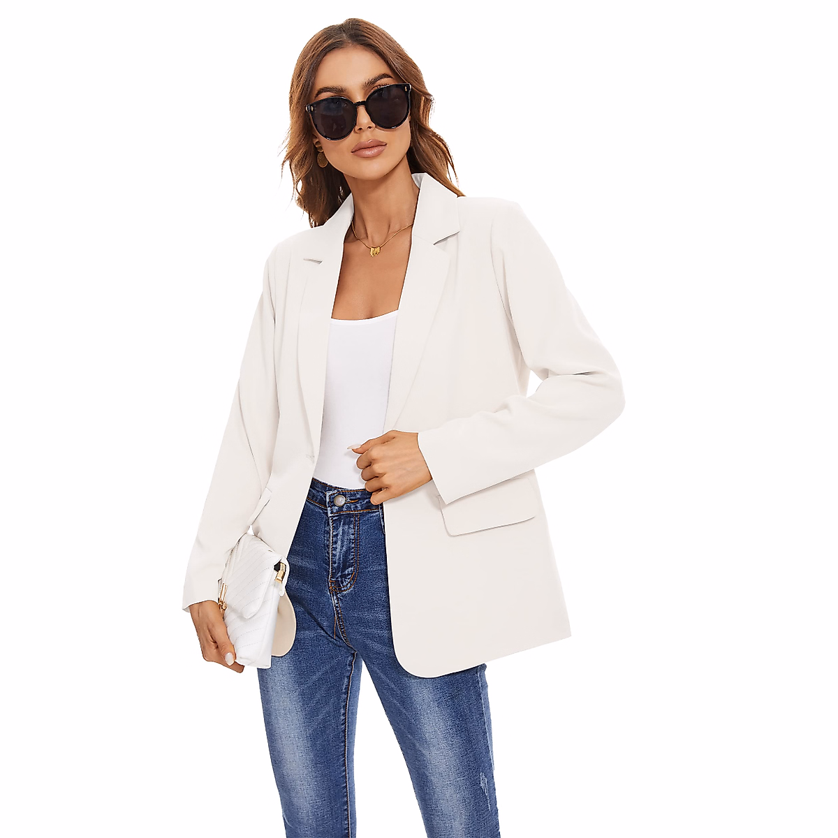 YAMANMAN Women's Casual Blazers Long Sleeve Open Front Lapel Collar Work Office Blazers Jacket with Pockets White