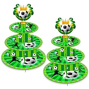 2 PCS Soccer Cupcake Stands - Soccer Party Decoration 3 Tier Desert Cup Cake Holder Stand Display for Soccer World Cup Kids Birthday Soccer Party Sport Party Supplies