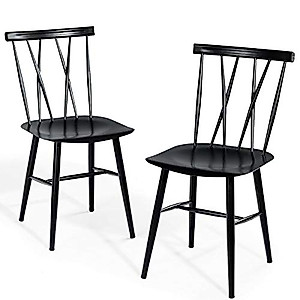 COSTWAY Dining Chair Set of 2, Farmhouse Windsor Chairs Dining Room Chairs with Spindle Back and Sturdy Metal Construction, Kitchen Side Chairs for Living Room Restaurant, Black (Height 17'')