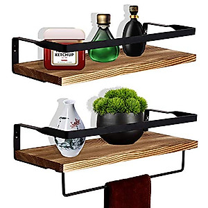 Normei Wood Floating Shelves Floating Shelves Wall Mounted Rustic Wood Shelves with Towel Holder for Bathroom, Kitchen, Set of 2 (Carbonized Black)