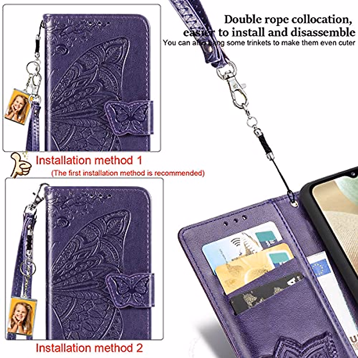 KRHGEIK Wallet Case for iPhone SE 2020/SE 2022/iPhone 8/iPhone 7,Women Butterfly Embossed PU Leather Stand Card Slots Wrist Strap Flip Folio Cover for iPhone 6/6S/7/8/SE 2nd/SE 3rd Gen (Purple)