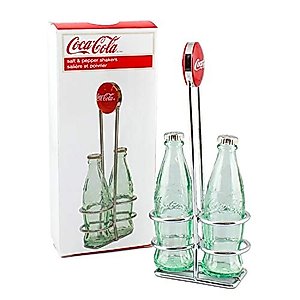 TableCraft Coca-Cola Salt and Pepper Shaker Set with Chrome Plated Metal Rack, Coca-Cola Salt and Pepper Shaker Set