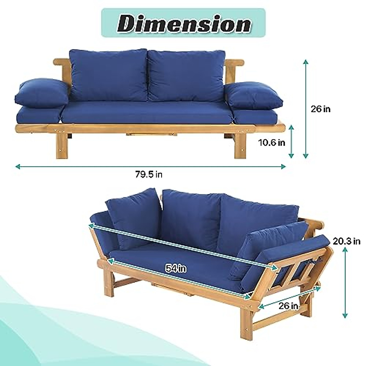 Yewuli Wooden Outdoor Futon Sofa, Couch with Adjustable Armrest,Convertible Outdoor Sofa Daybed with Expandable Plate,Acacia Wood Expandable Sofa with Cushions and Pillows for Backyard, Balcony,Patio