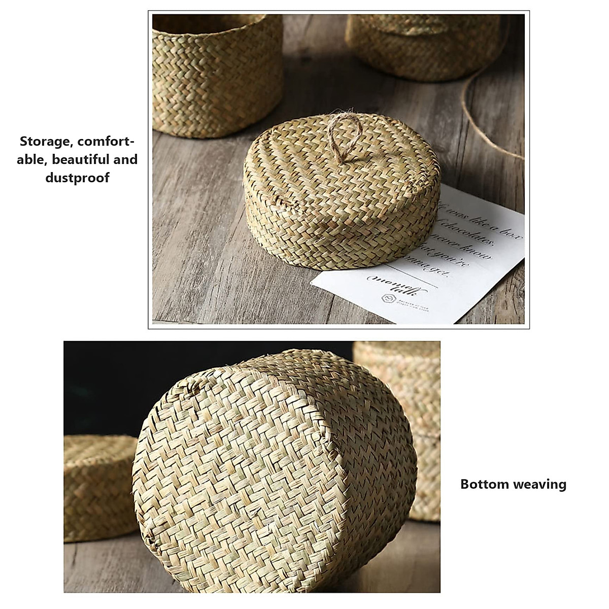 QmjdDymx Small Seagrass Storage Baskets with Lid Straw Round Storage Box with Handle Wicker Basket Home Organization for Snack, Keys Desktop Decor