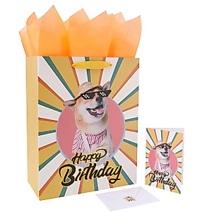 13” Large Yellow Happy Birthday Gift Bag Set with Handles, Greeting Card, Tissue Papers and Stickers for Women Girls Men Boys, Dog Design, 1 Pcs