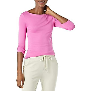 Amazon Essentials Women's Slim-Fit 3/4 Sleeve Boat Neck T-Shirt, Bright Pink, Large