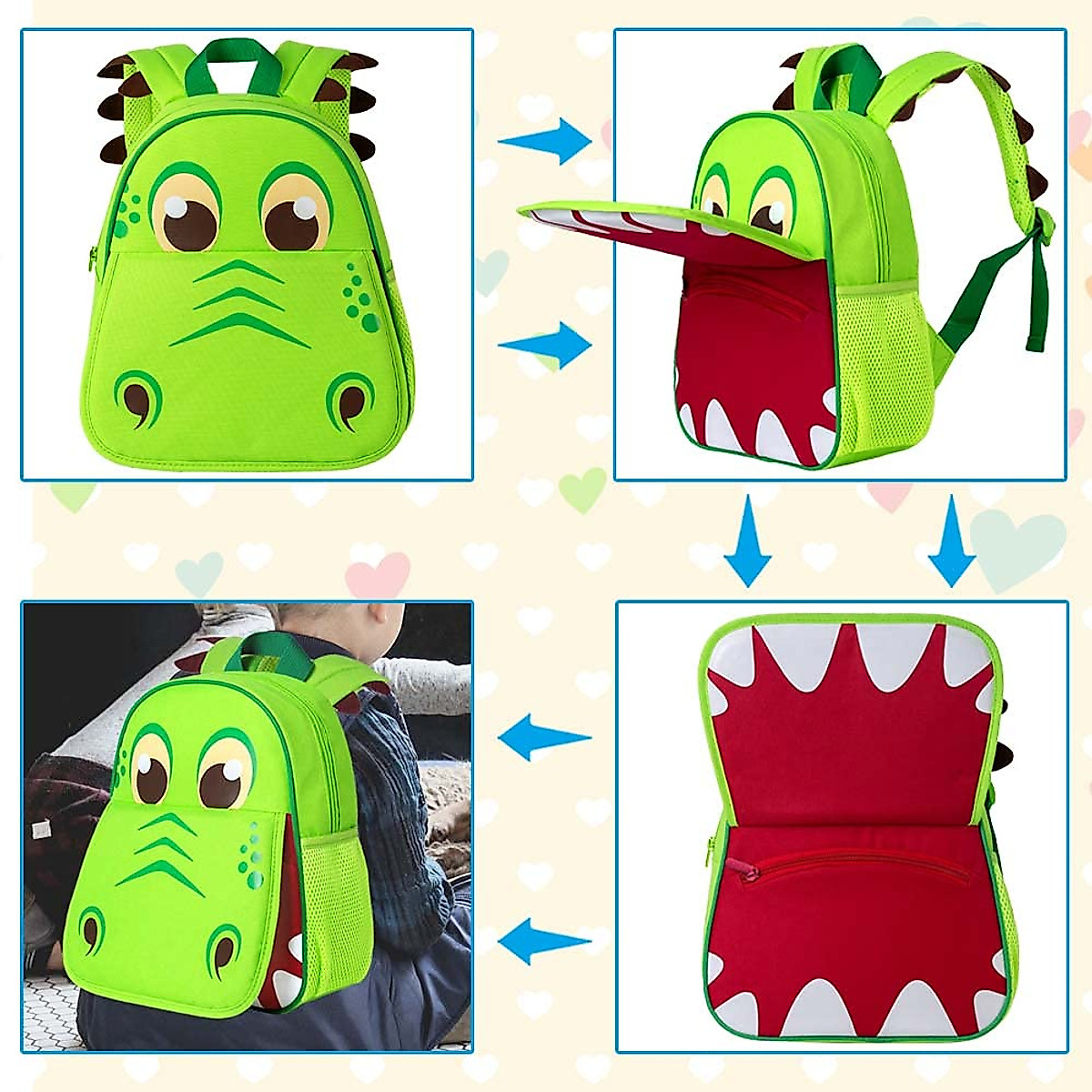 Dinosaur Backpack for Boys, 12" Toddler Preschool Kids Bookbag, Cute Animal Kindergarten Schoolbag