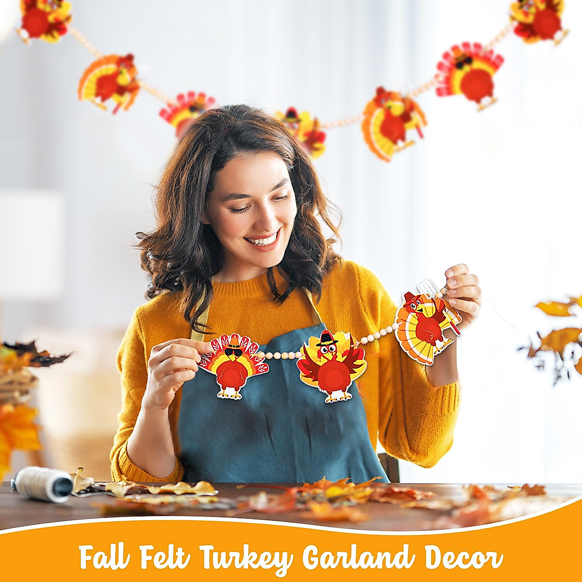 Capoda Thanksgiving Decorations Felt Turkey Banner Garland with Wood Beads Thanksgiving Party Hanging Decorations for Fireplace Mantle Wall Fall Harvest Friendsgiving Party Supplies, 3.9 Ft