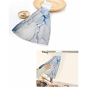 BOBOWUNY Marble 2 Pcs Hanging Kitchen Hand Towels, Modern Abstract Ombre Blue Grey Farmhouse Super Soft Microfiber Tie Towels Aborbent Washcloth for Bathroom Oven Tea Bar