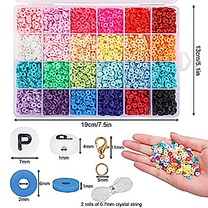 Quefe 5000 Pcs Clay Heishi Beads Polymer Flat Round Disc Beads Kit, Including 130 Pcs Letter Beads Lobster Clasp and Jump Rings for DIY Jewelry Marking Bracelets Necklace Earring, 24 Colors 6mm