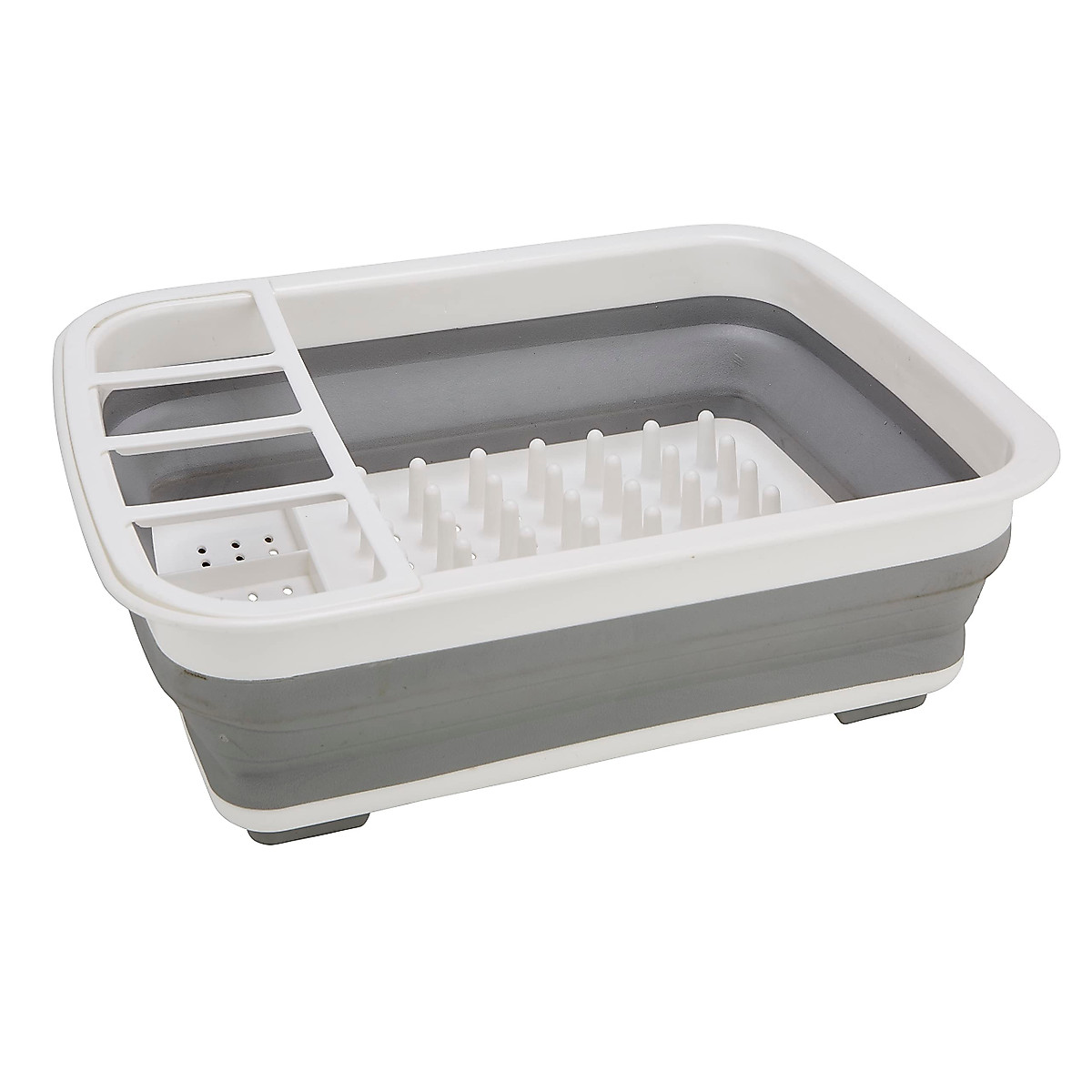 Kitchen Details Collapsible Dish Drying Rack | Space Saver | Aerated Bases Drain Holes | Plates, Bowls, Utensils Compartments | Countertop and Sink Storage | White/Grey