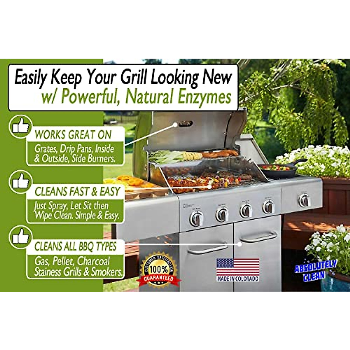 Absolutely Clean IT JUST WORKS as Grill Cleaner Spray! - Professional Strength, Natural Enzyme Formula - Fast Acting, Fume Free - USA Made (16oz Spray Bottle)