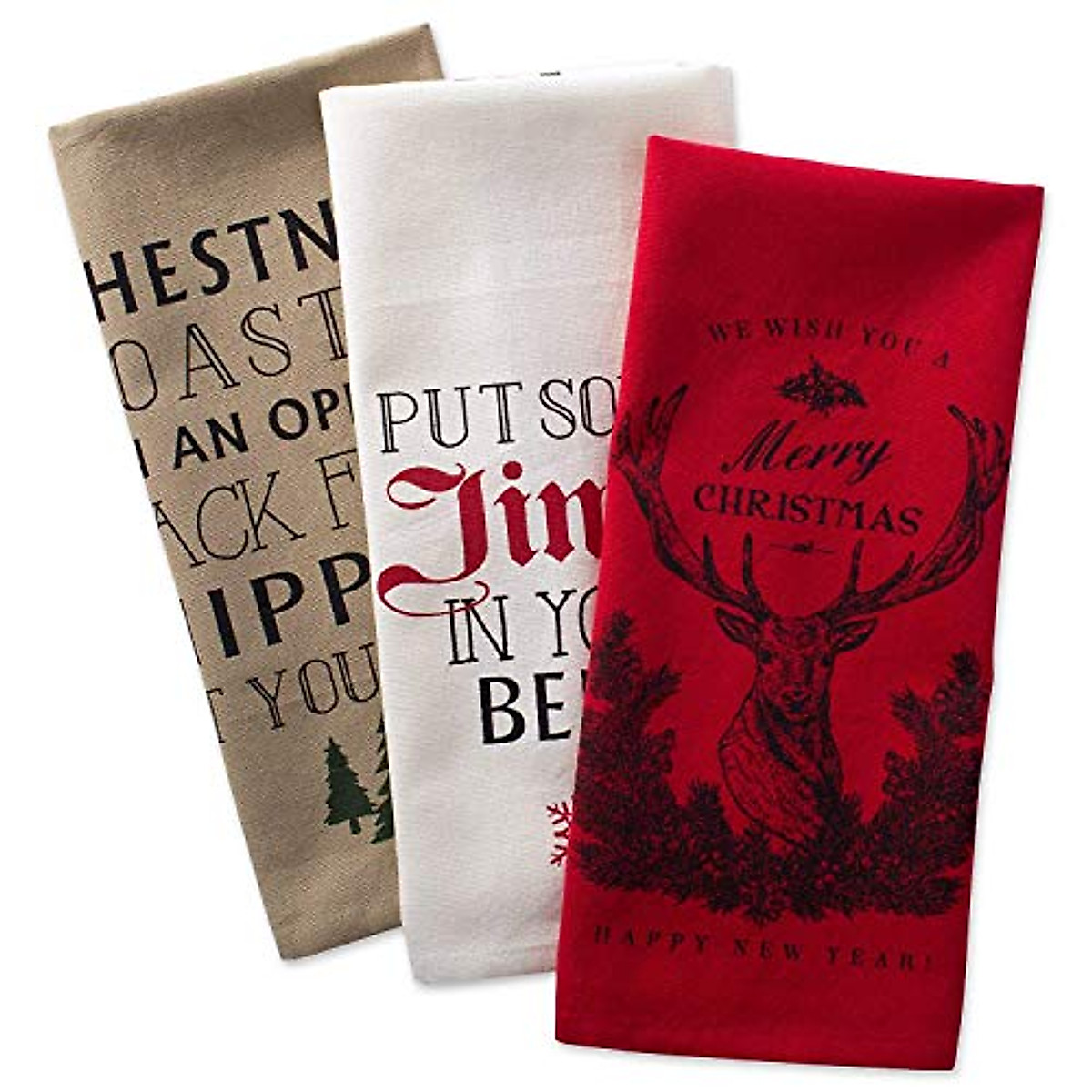 DII Holiday Collection Vintage Print Dishtowel Set, 18x28, Christmas Stag, 3 Piece