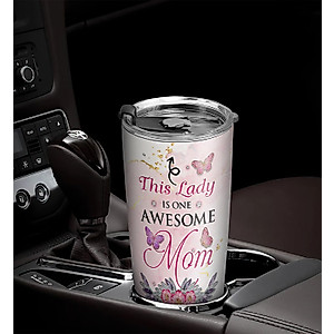 20oz Jewelry Crystal Butterfly Mom Tumbler, This Lady is one Awesome Mom, Mother, Grandma Gifts, Coffee Thermos for Women, Stainless Steel Double Wall Vacuum Insulated Coffee Mug, Travel Cup with Lid