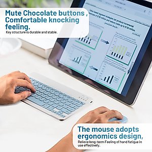 Bluetooth Keyboard and Mouse Combo Rechargeable Portable Wireless Keyboard Mouse Set for Apple iPad iPhone iOS 13 and Above Samsung Tablet Phone Smartphone Android Windows (10 inch Blue)