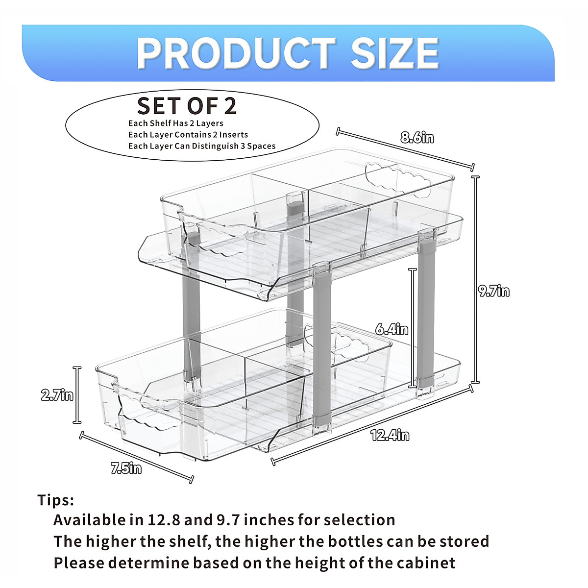 Yieach 2 Sets 9.7" Tall Under Sink Organizers And Storage,Multi-Purpose 2 Tier Under Bathroom Sink Organizer and Under Cabinet Storage,Clear Pull Out Medicine Cabinet Organizer With 8 Movable Dividers