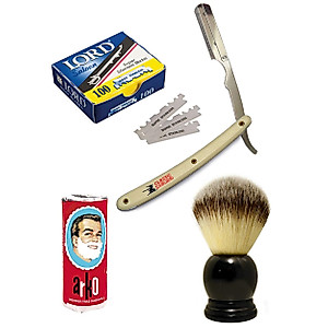 Classic Samurai Men's Shaving Set with Stainless Steel Professional Barber Straight Razor Shavette with Pure Badger Shaving Brush, Arko Stick Soap and Porcelain Mug