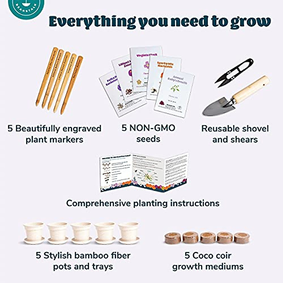 Flower Growing Kit by Beanstalk - 5 Types of Non-GMO Flower Seeds, Bachelor Button, Zinnia, Marigold, Virginia Stock, Baby's Breath - Best Birthday Garden Plant Gifts for Girls, Kids Age 5 6 7 8 9 10