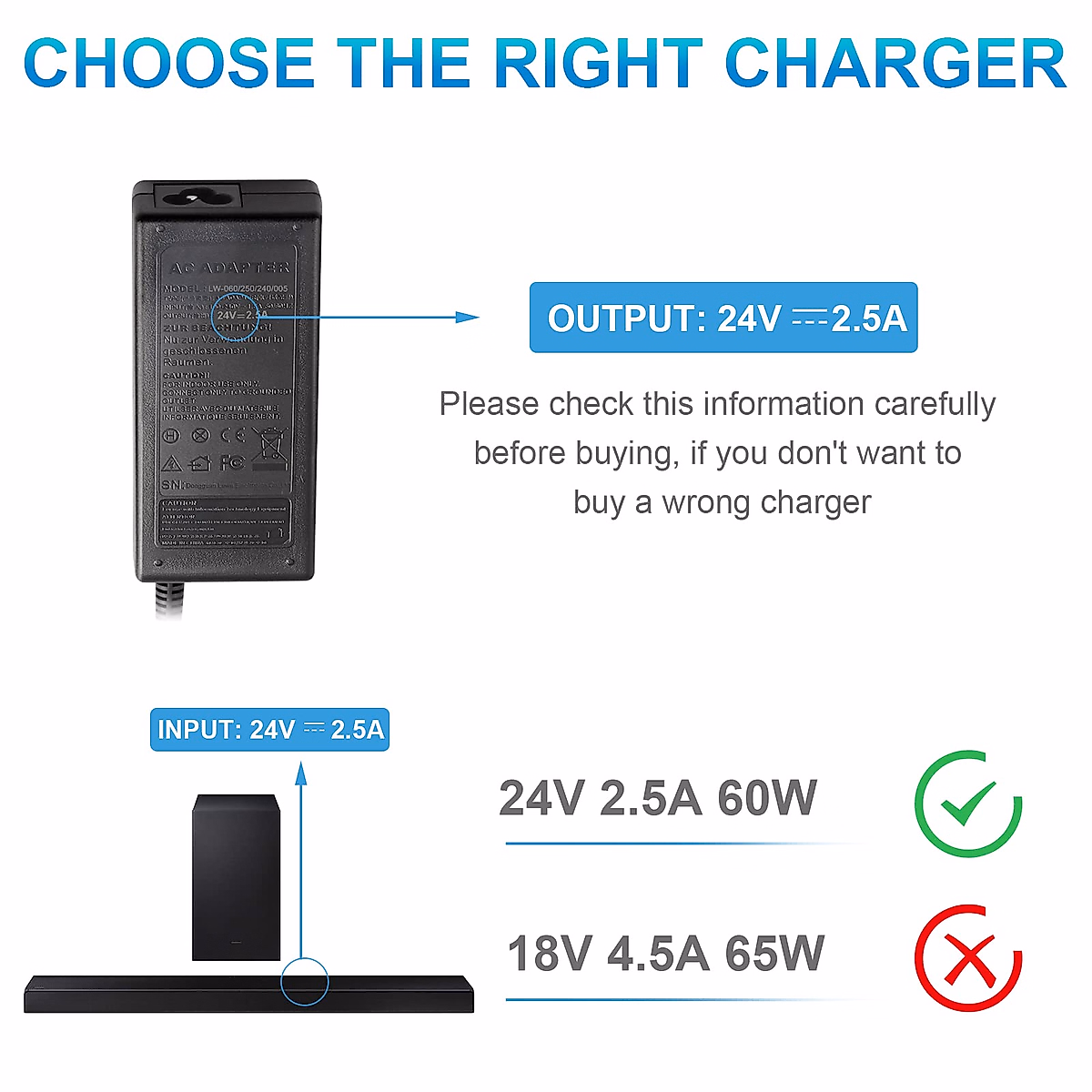 24V AC/DC Adapter Replacement for Samsung HW-JM37 HW-JM47 HW-J450 HW-J550 HW-K550 HW-J551 HW-K551 Soundbar HW-K450 HW-H7500 HW-H7501 HW-J355 HW-J370 HW-J8500 HW-FM35 HW-FM55 HW-M550