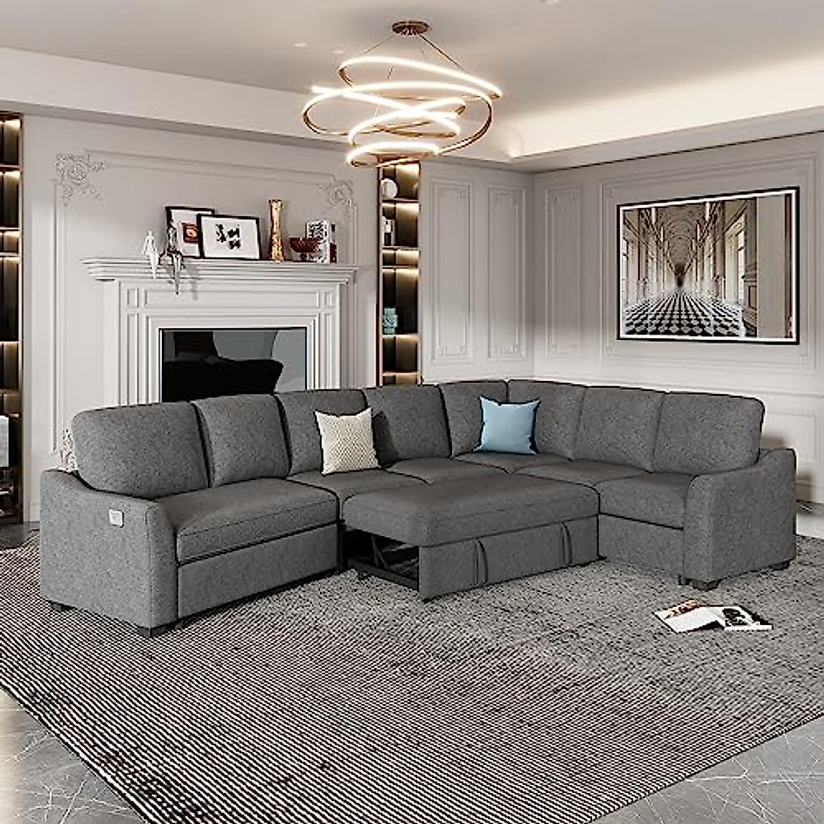 P PURLOVE Sectional Sofa for Living Room, Sectional Sleeper Sofa with Pull-Out Bed, Modern Couch with USB Charging Port, Upholstered L-Shaped Sofa Couch for Bedroom, Large Space(Gray)