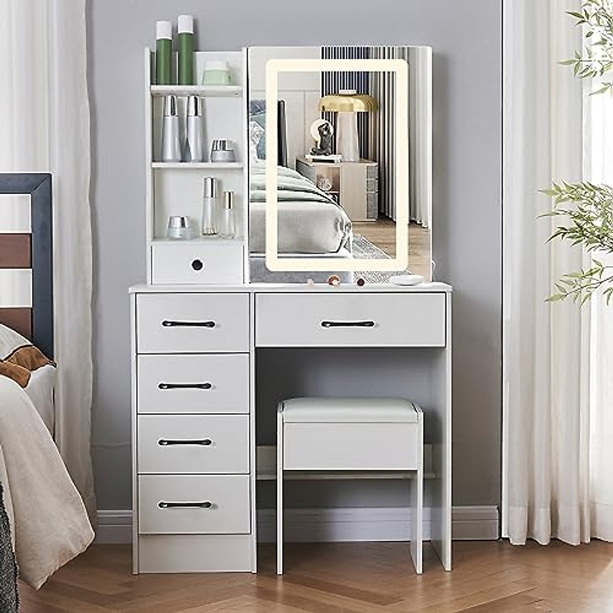 Vanity Desk Makeup Vanity Table with Lighted Mirror,3 Color Modes, White Makeup Table Set with 5 Drawers, Storage Shelves & Cushioned Stool,Women Girls Dressing Table for Bedroom
