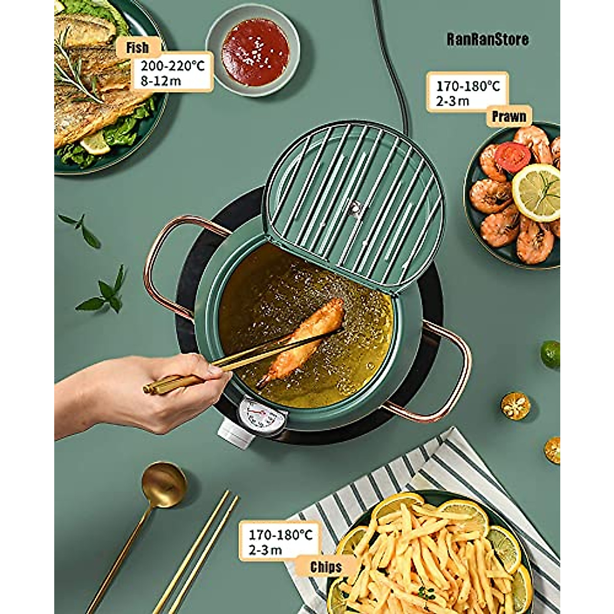 Cyrder Japanese Tempura Deep Fryer Pot with Fahrenheit Thermometer, Nonstick Carbon Steel Oil Fryer, Fried tempura/chicken/fish/shrimp, Easy Clean, Green big tempura pan, 9.5inch