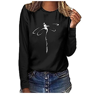 YSLMNOR Womens Long Sleeve Tops Dragonfly Printing T-Shirts Basic Round Neck Pullover Fall Blouse Casual Shirts Black