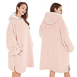 LetsFunny Oversized Blanket Sweatshirt, Plush Wearable Blanket with Pocket, Super Warm Cozy Sweatshirt Hooded Blanket for Adult Women Men Teens, One Size Fits All (Light Pink, Adult)