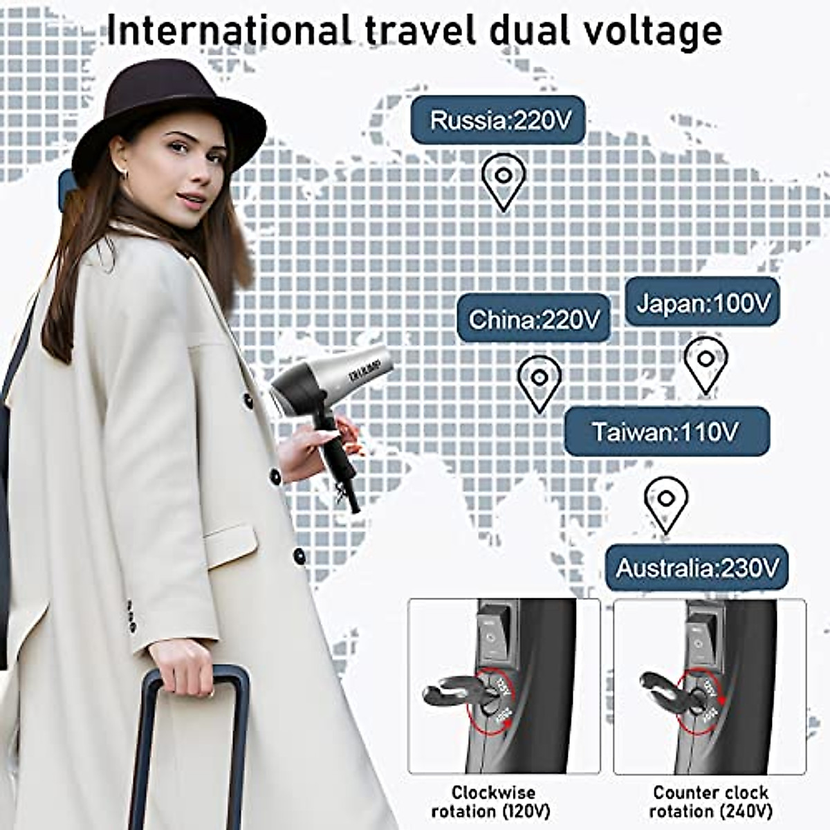 OHJUMP Mini Travel Hair Dryer Blow Dryer with Diffuser,Portable Small Dual Voltage Compact Hairdryer,EU Plug,1875W,Powerful Fast Dry,Folding Handle,Diffuser Hair Dryer( Silvery）