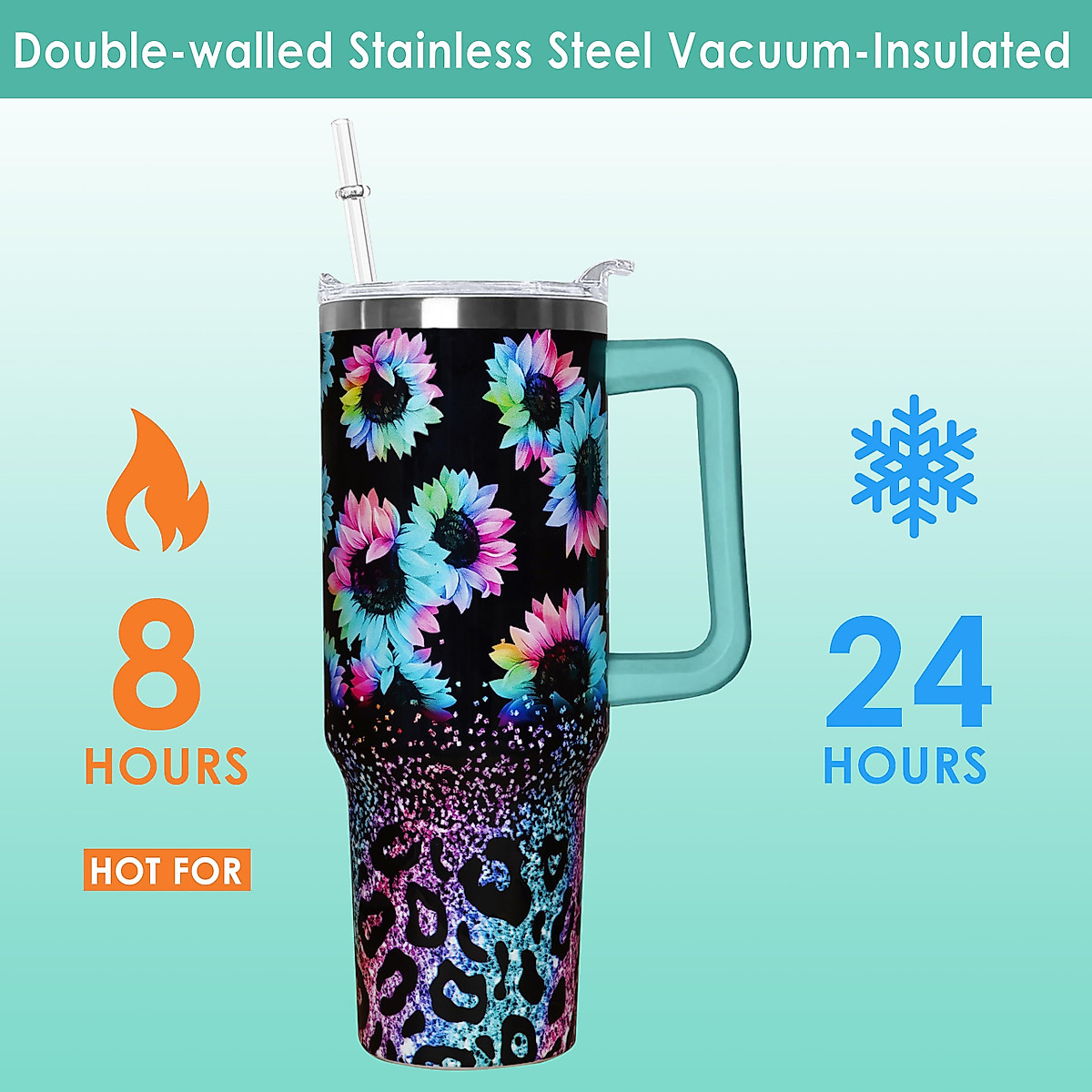 Omezin 40 Oz Sunflower Tumbler With Handle - 40oz Double Insulated Travel Coffee Mug With Lid and Straw - Sunflower Gifts For Women