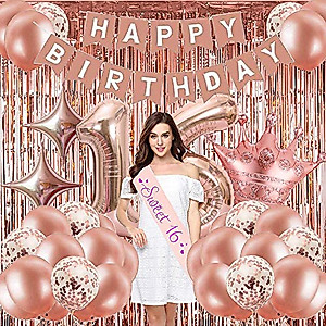 16th Birthday Decorations for Women, Rose Gold Sweet 16 Birthday Party Decoration for Her, 16th Happy Birthday Banner Kits Rosegold Balloons Decoration for Girls Women 16th Birthday Party Supplies