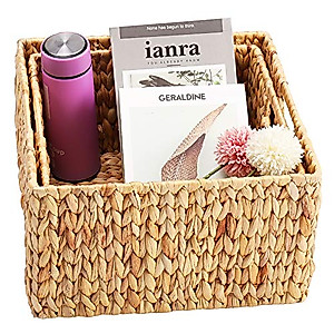 HOONEX Water Hyacinth Storage Baskets for Organizing, Decorative Wicker Baskets with Carrying Handles, Set of 2, Natural