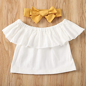 LXXIASHI 3PCS Toddler Baby Girl Off Shoulder Ruffle Crop Top + Maxi Long Skirt + Headband Outfits Set (White Yellow, 3-4 Years)