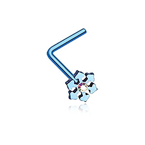 Snowflake Sparkle L-Shaped Freedom Fashion 316L Surgical Steel Nose Stud Ring (20 GA, 9/32", Blue)