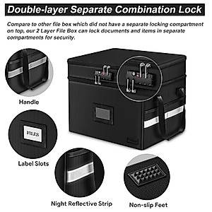Fireproof Document Box with Lock, ETRONIK 2 Layer File Box Organizer with 5 Tab Inserts, Portable Office Collapsible File Storage with Reflective Strip for Hanging Letter/Legal Size Folder/Certificate