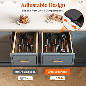 Lifewit Utensil Drawer Organizer, Expandable Cooking Silverware Tray for Kitchen Drawer, Adjustable Cutlery Flatware Holder, Plastic Spatula Tools and Gadgets Storage Divider, 3 Compartments, Black