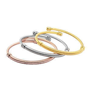 EDFORCE 3 Tone Stainless Steel Hypoallergenic Stacked Twisted Cable Wire Bangle Adjustable Cuff Bracelet Set, Set of 3, 6"-7.5" (Wire)