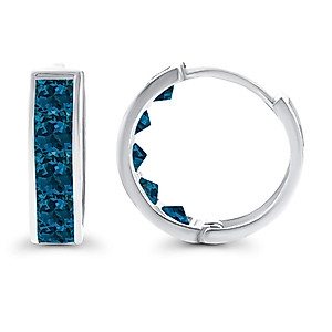 Solid 14K White Gold 3mm Square Natural London Blue Topaz December Birthstone Channel Set Huggie Earrings For Women