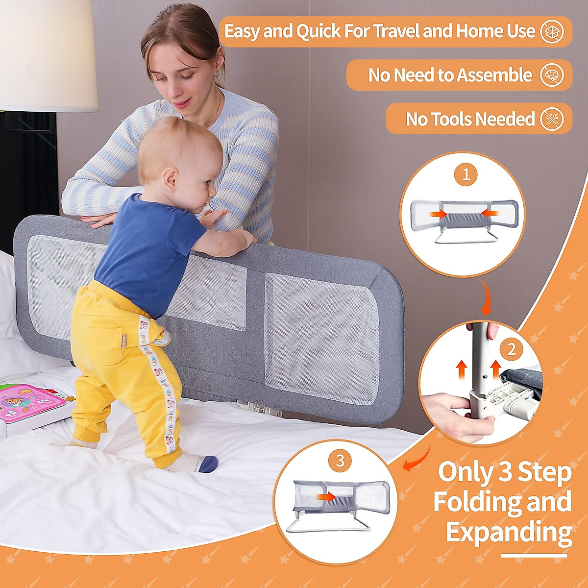 Bed Rail For Toddlers, Extra Long 41.3'' Baby Bed Rail Guard For Kids, 180° Up Side Down Foldable Portable Bed Fence, Infants Bed Guardrail For Travelling Hotel, Home, Full Twin Queen King Mattress
