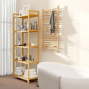 Bamboo Bathroom Shelf, 5-Tier Narrow Freestanding Tower Storage Shelves Adjustable Bookshelf Bookcase Unit for Bathroom/Living Room/Bedroom/Kitchen/Laundry Room, Easy Assembly,Natural