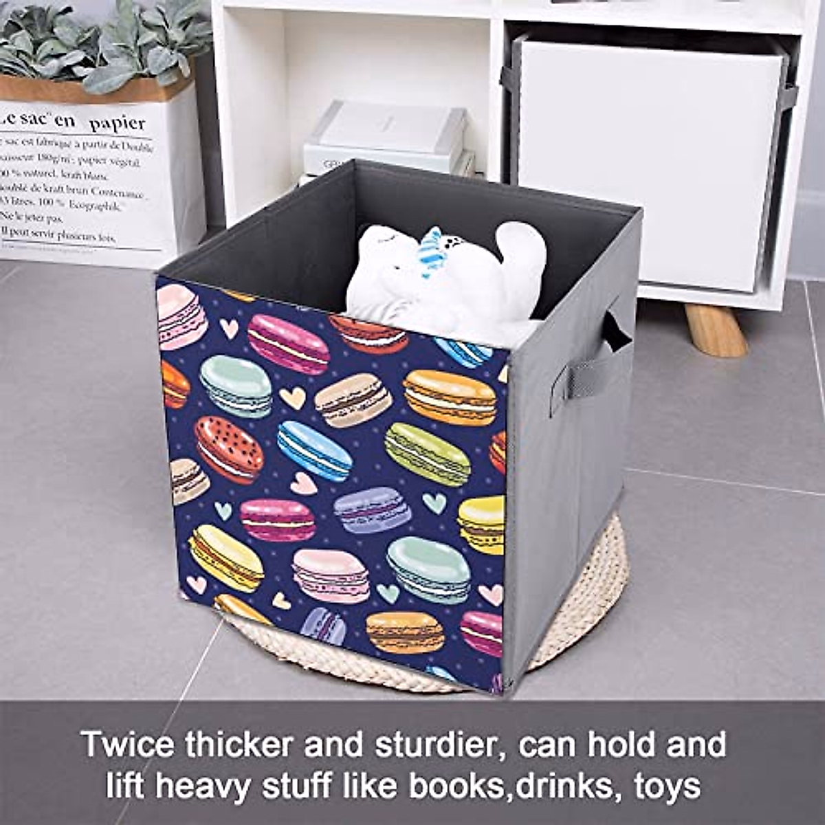 Assorted French Macarons Canvas Collapsible Storage Bins Cube Organizer Baskets with Handles for Home Office Car